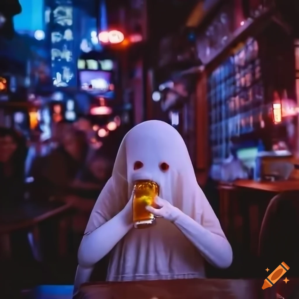 Sad ghost drinking beer in Taipei City bar on Craiyon