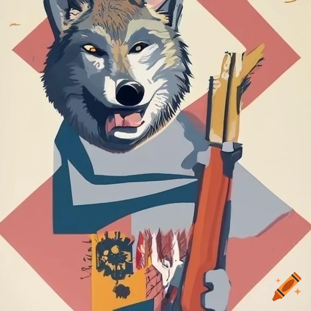 Pop art poster of a wolf wearing a uniform and winking on Craiyon