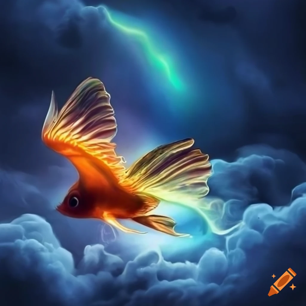 Incandescent flying fish in storm clouds on Craiyon