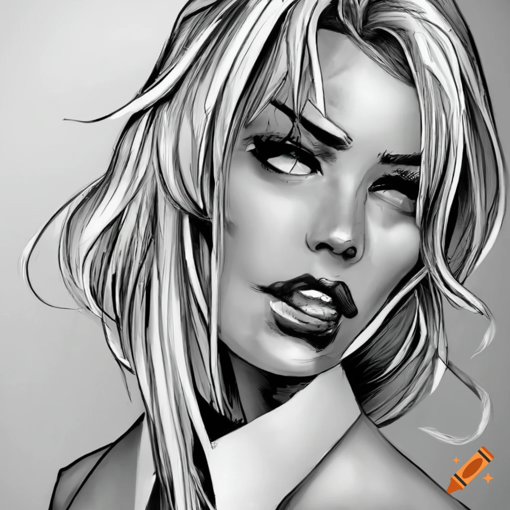 Ink comic art of blonde woman in white shirt on Craiyon