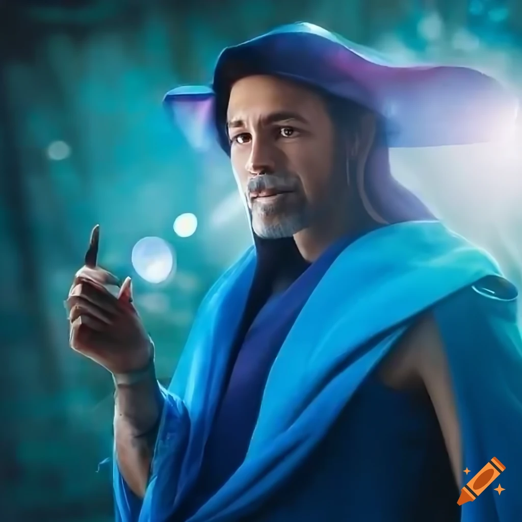 Image of a realistic wizard in front of a tower