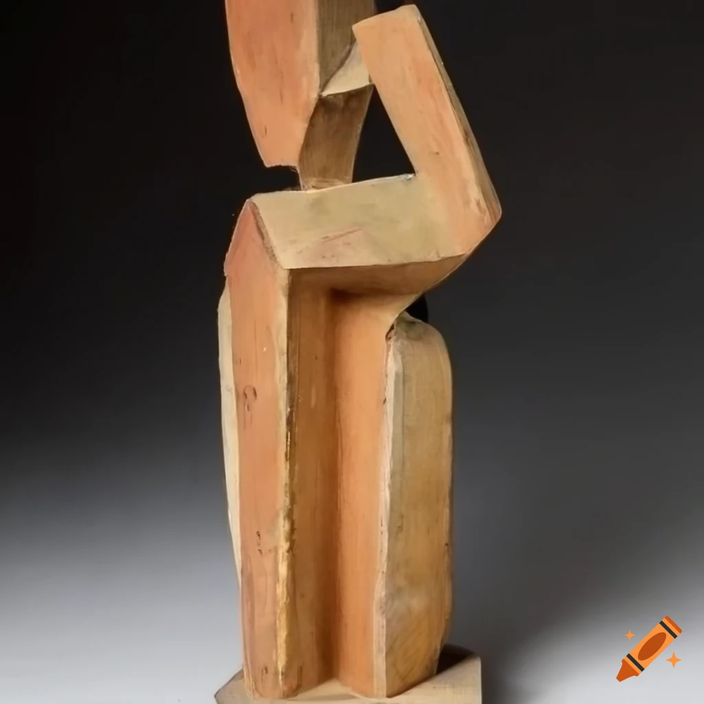 Cubist sculpture of a female figure in faded wood on Craiyon