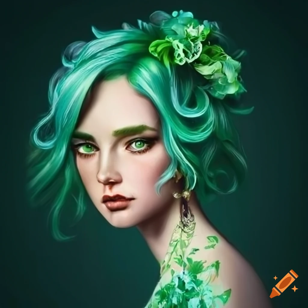 Portrait of a lady with green flowery hair