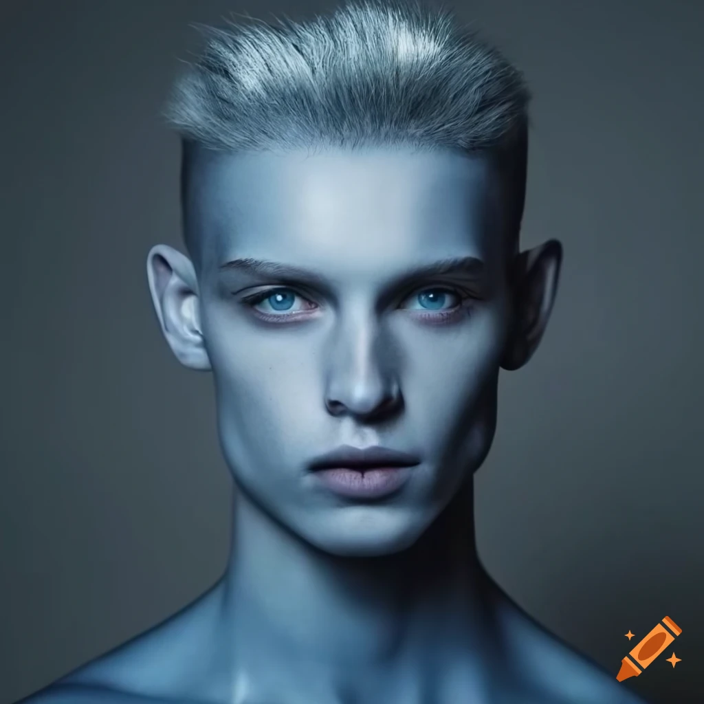 Futuristic male humanoid with blue-gray artificial skin on Craiyon