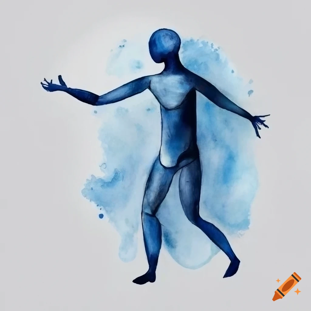 Watercolor illustration of a blue humanoid character