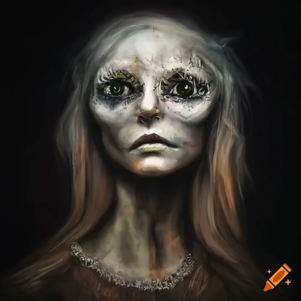 Oil painting of a haunted pale female portrait on Craiyon