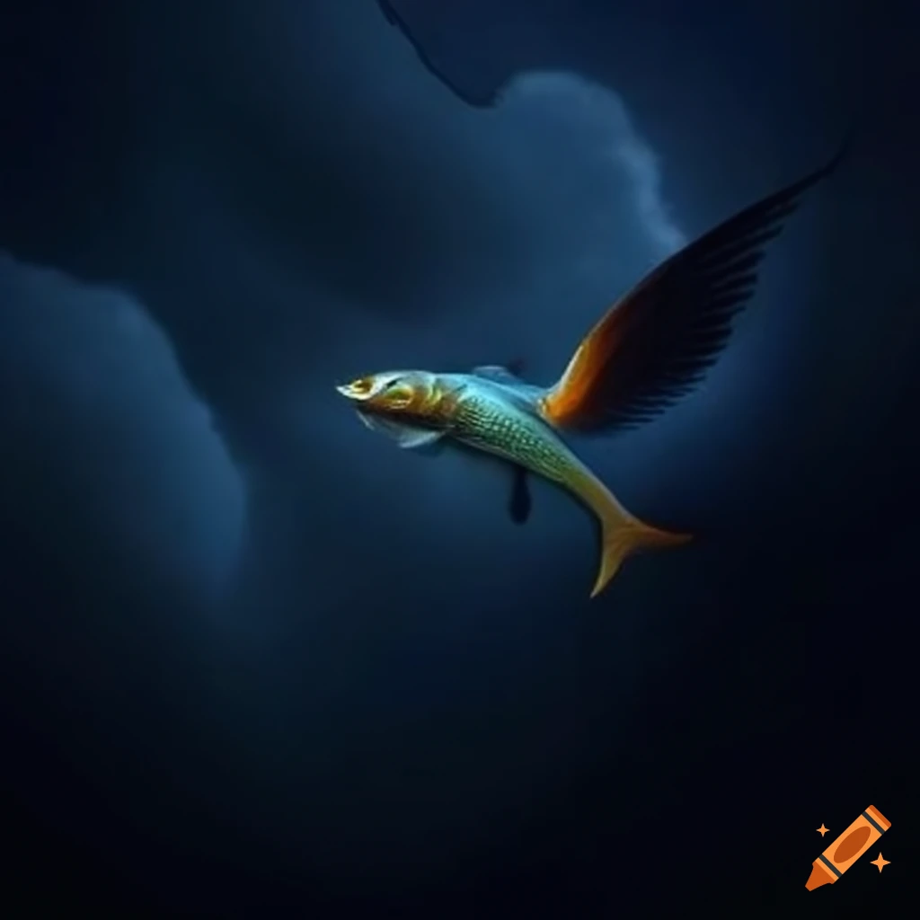 Incandescent flying fish in storm clouds