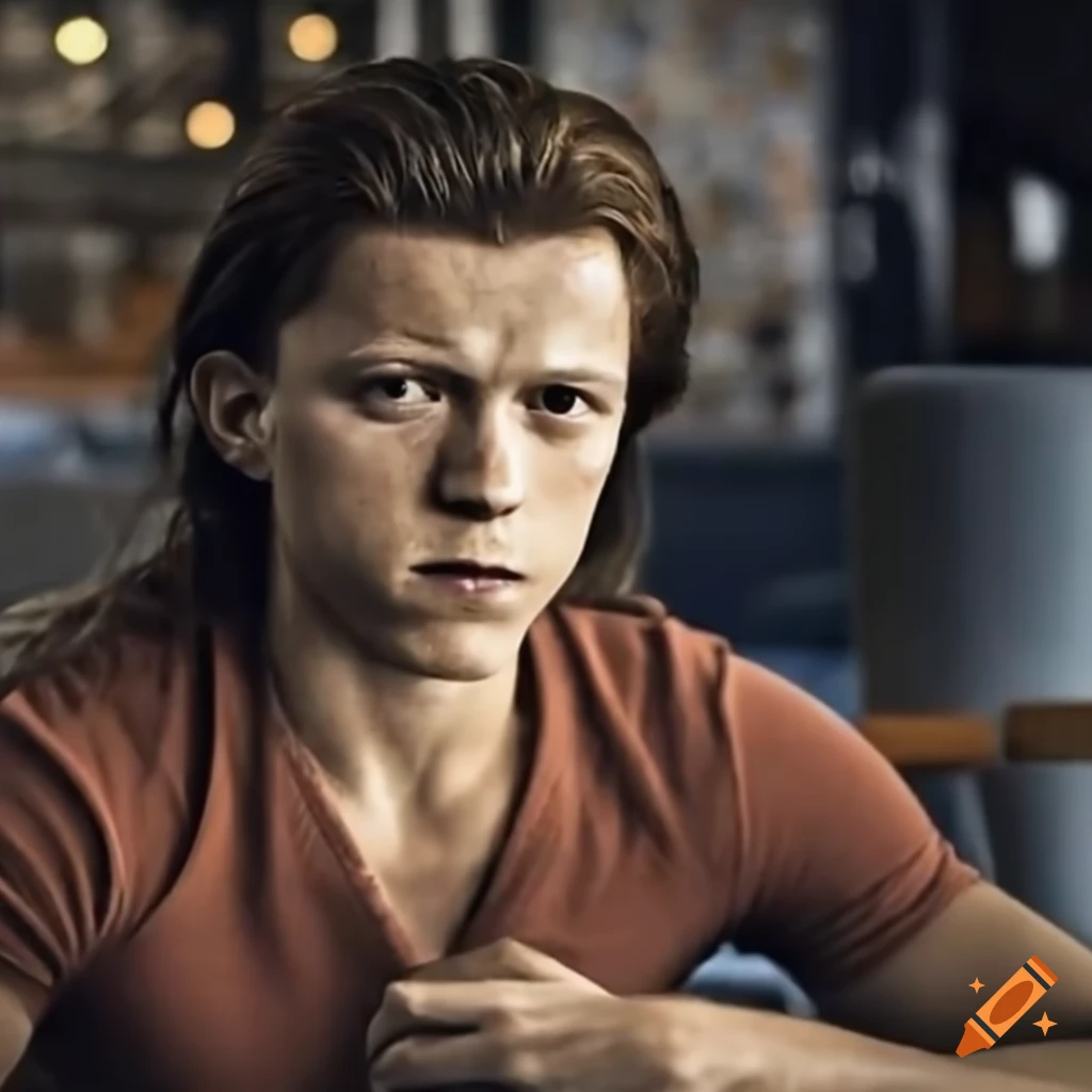 Tom Holland with a mullet and mustache in a cafe on Craiyon