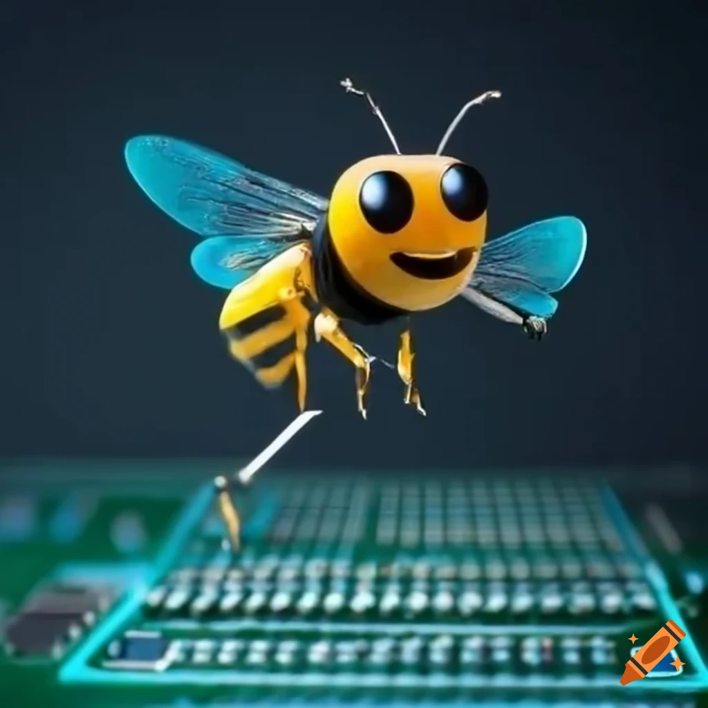 Robotic bee exploring a detailed circuit board on Craiyon