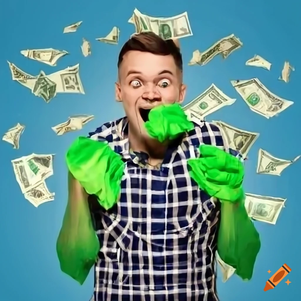 Humorous image of a man eating a green rag with money falling on Craiyon