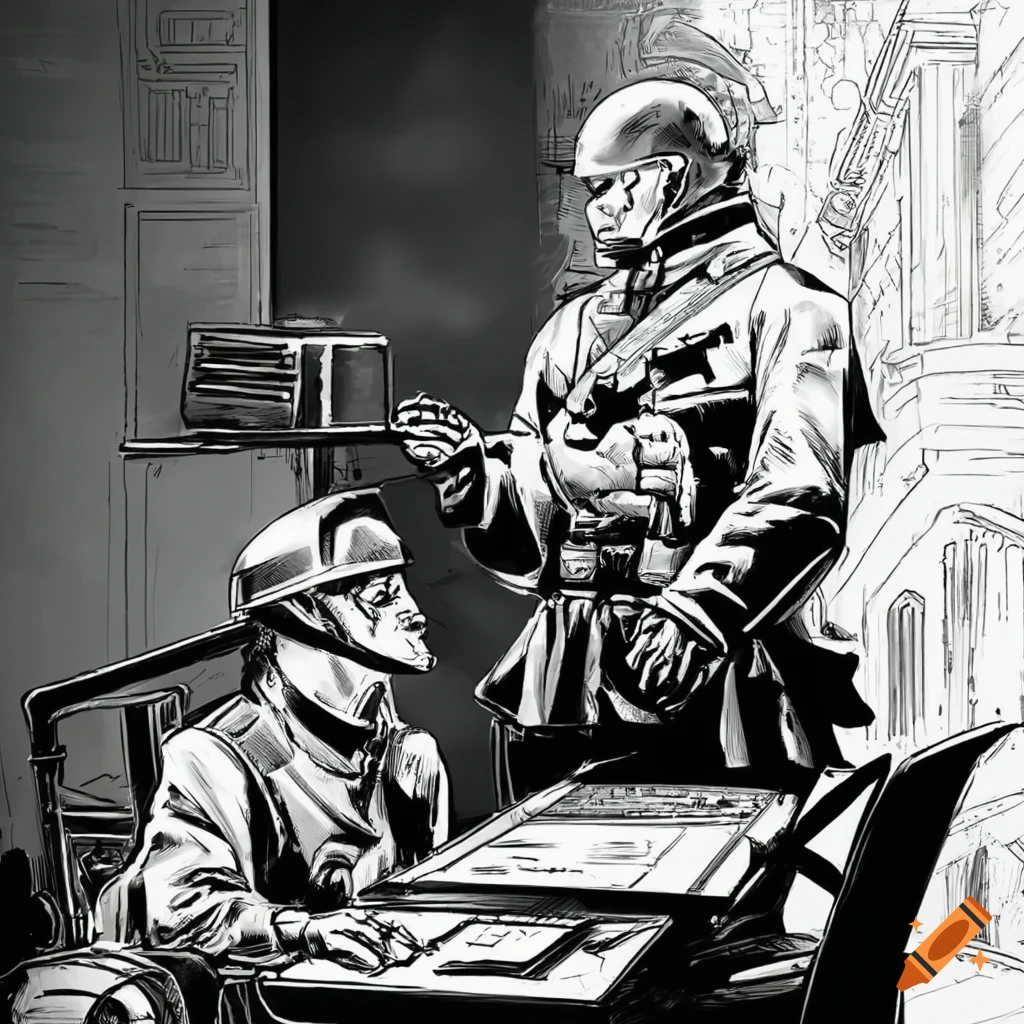 Comic book art of a German soldier in a courtroom on Craiyon