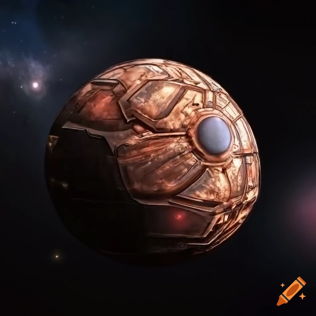 Futuristic stone spaceship orbiting a planet