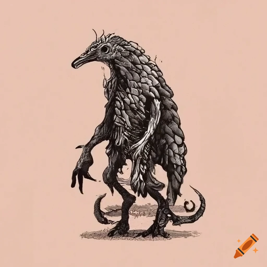 Detailed etching of a lovecraftian pangolin-goat monster