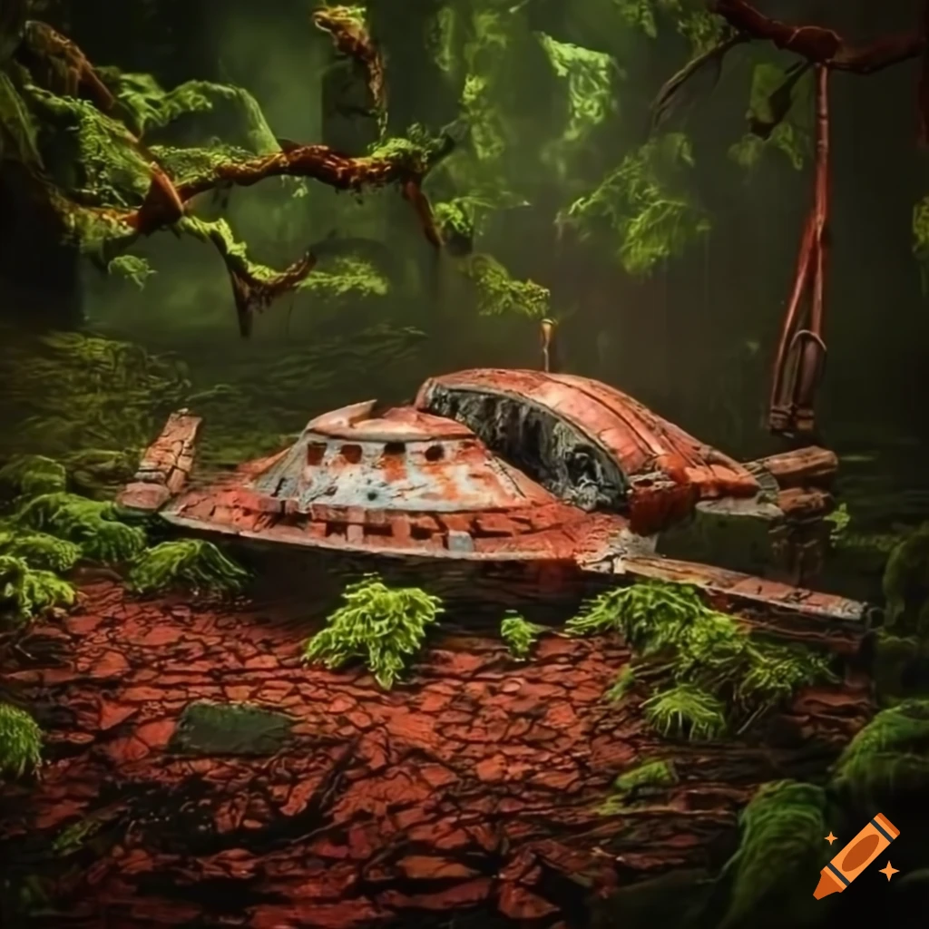 Abandoned spaceship in a lush jungle with aztec ruins on Craiyon