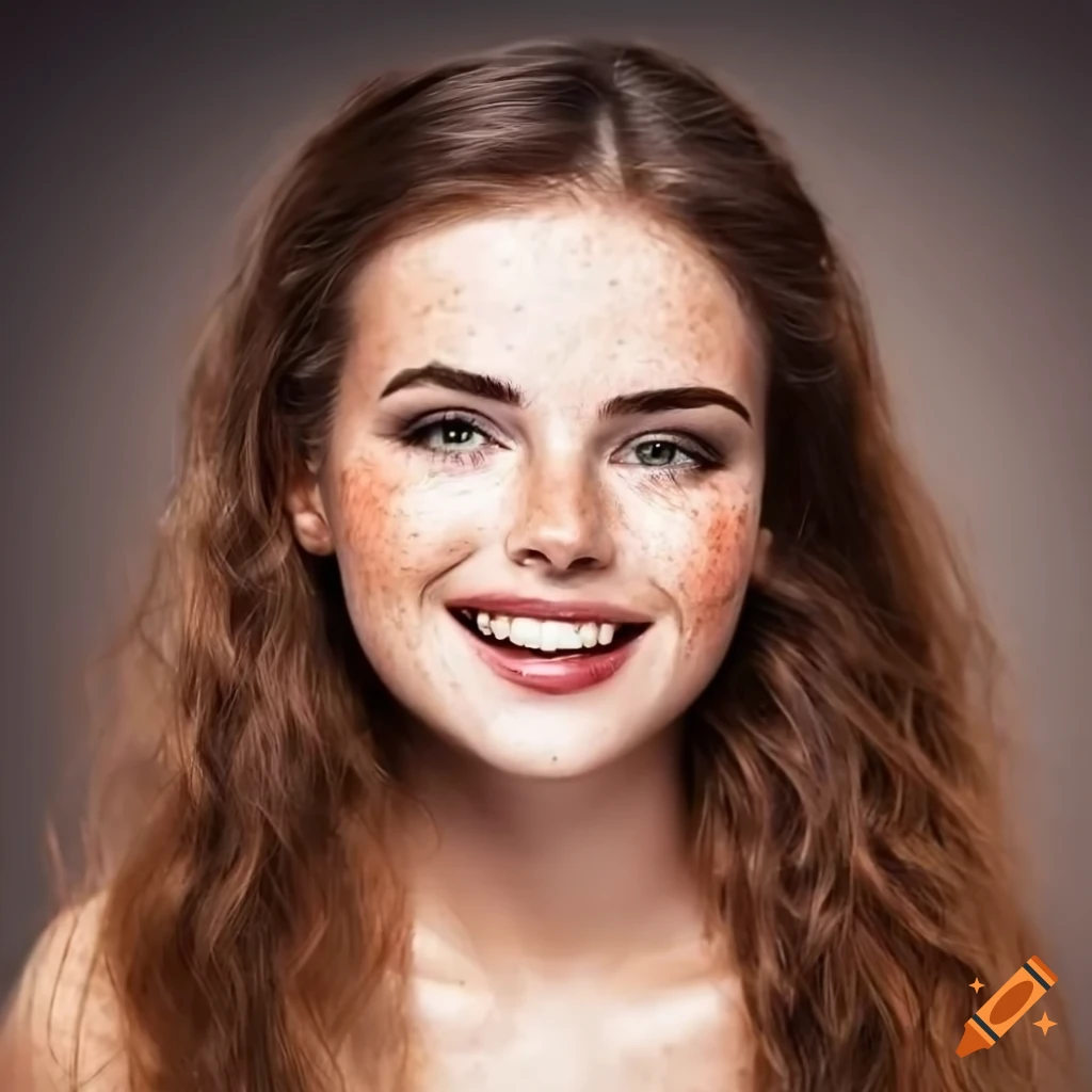 Portrait of a beautiful young woman with freckles and brown hair on Craiyon