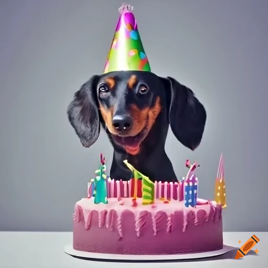 Dachshund jumping out of a birthday cake on Craiyon