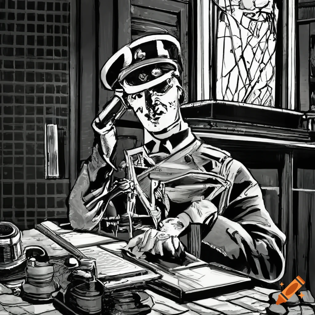 Comic book art of a german soldier in a courtroom