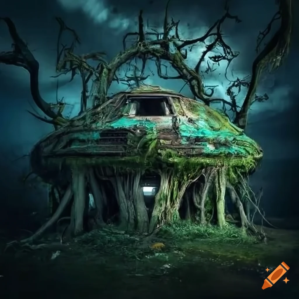 Overgrown abandoned spaceship covered in vines and roots on Craiyon