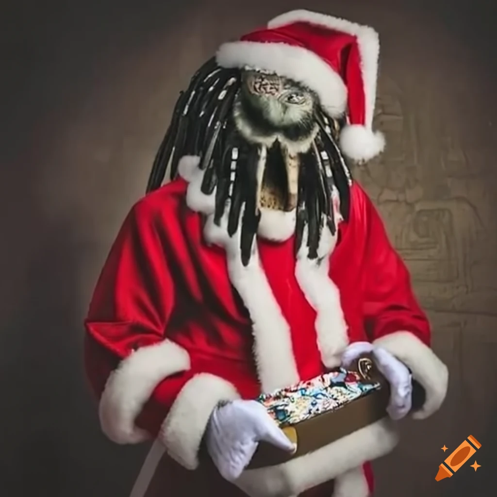 Santa Predator spreading joy and presents in the city on Craiyon