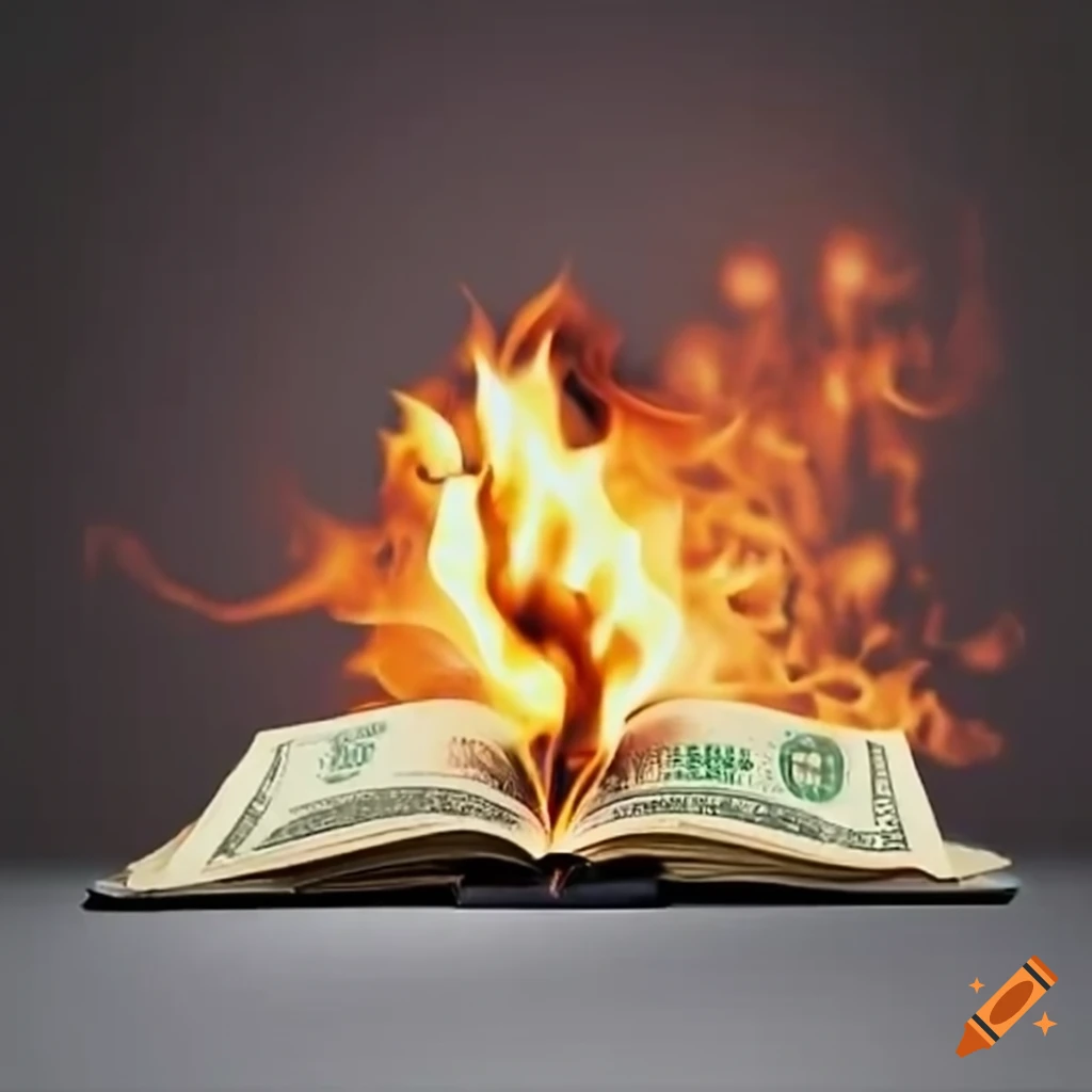 Symbolic artwork of a burning book with fiery dollar bills on Craiyon