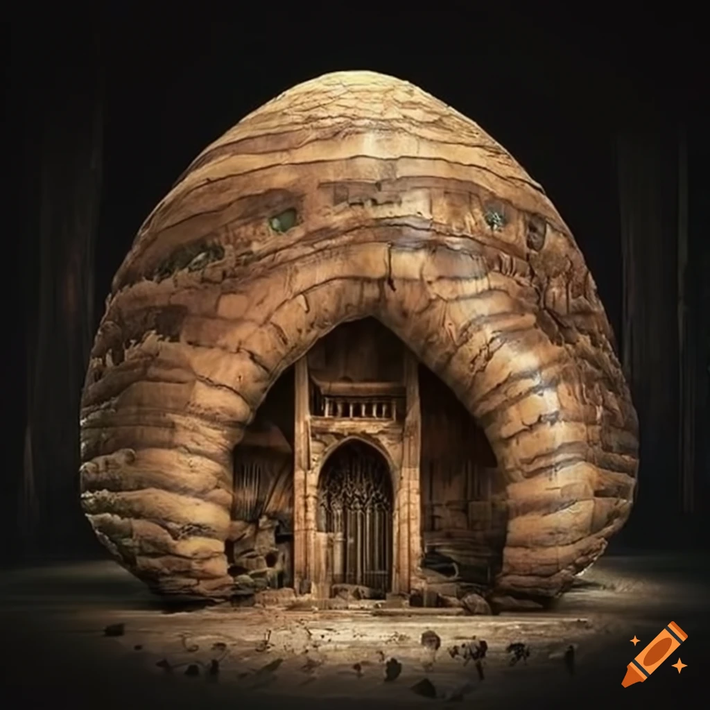 Illustration of a majestic and surreal cabin-like structure on Craiyon