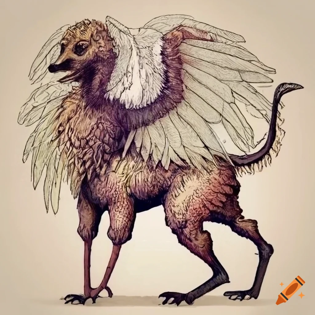Illustration of a mythical creature with a dog body and ostrich legs on ...