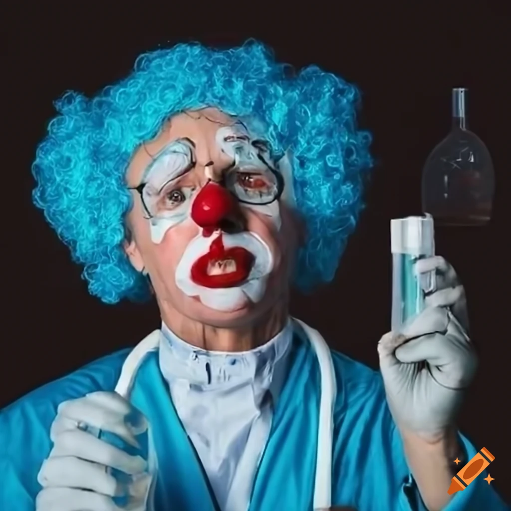 Satirical image of a clown scientist with test tubes on Craiyon