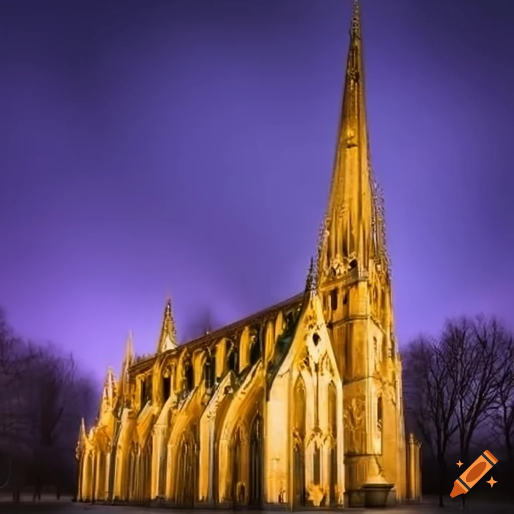 Golden gothic church with tall spire on Craiyon