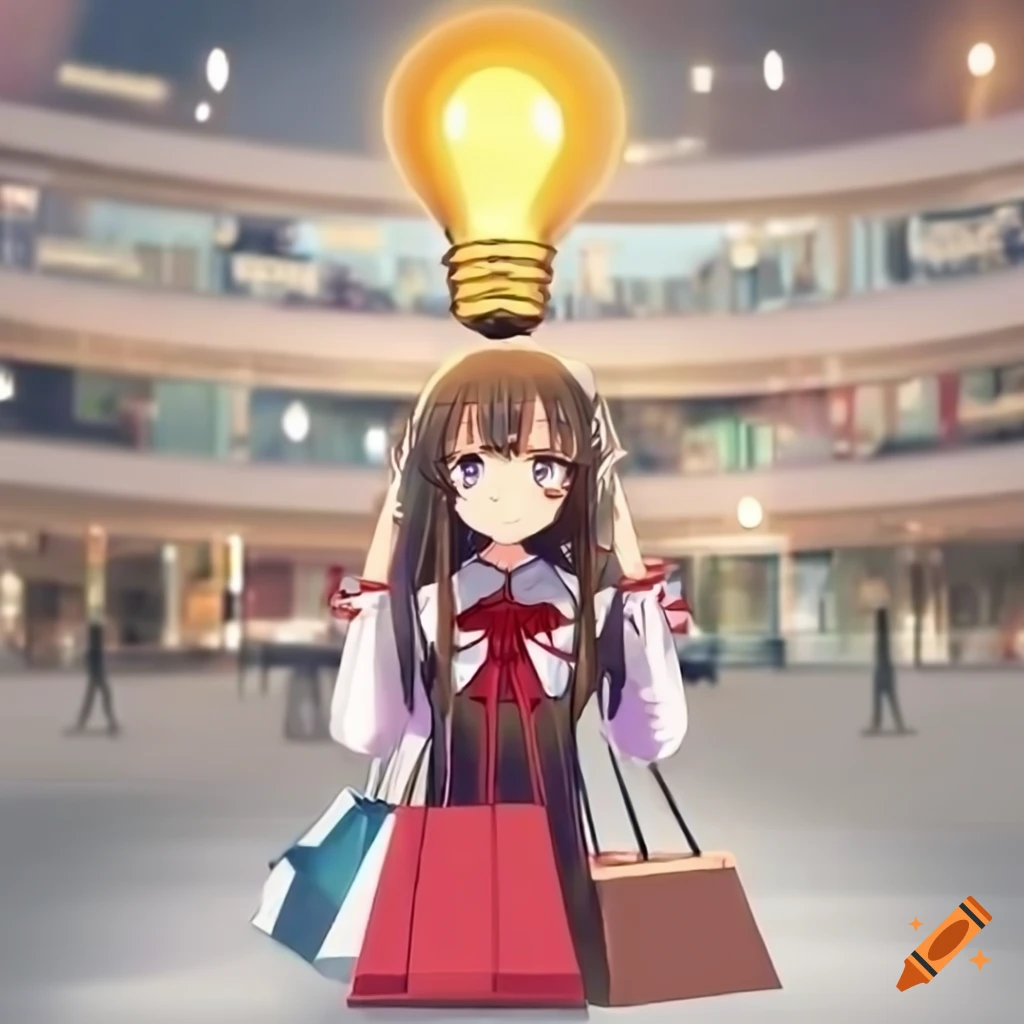 Anime girl holding a light bulb symbol in a mall on Craiyon