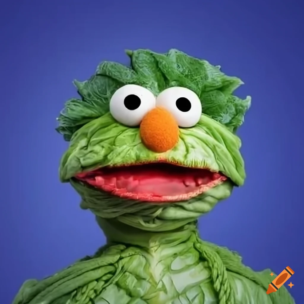 Seasame street puppet of a cabbage monster with a rope