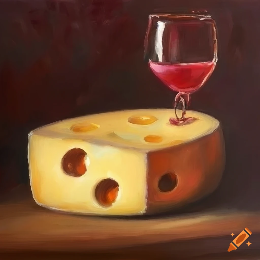 Oil painting of cheese with a ruby inside