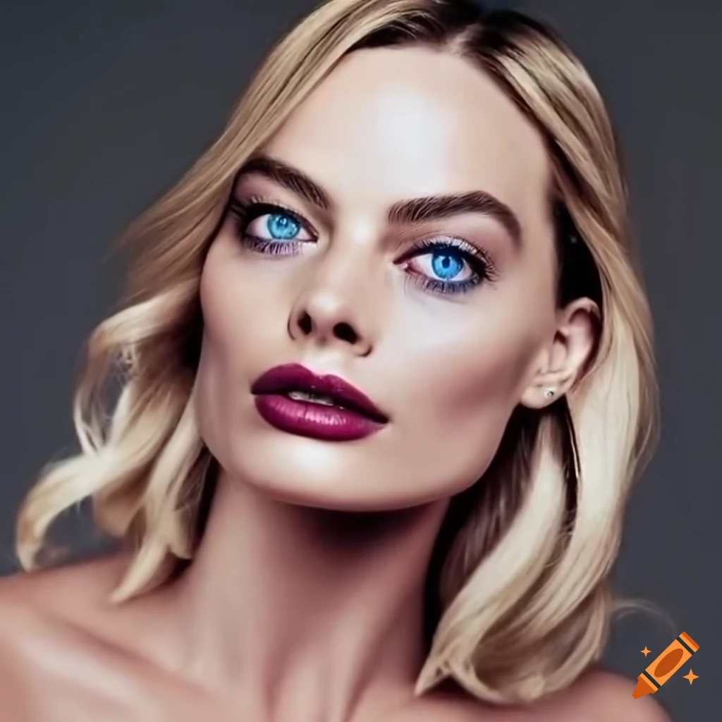 Portrait of Margot Robbie with blue catlike eyes on Craiyon