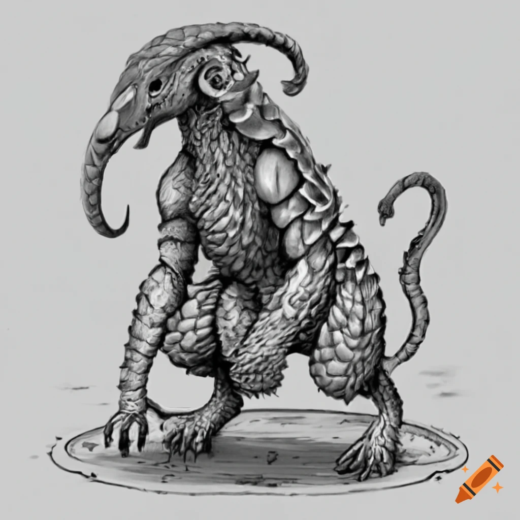 Detailed etching of a lovecraftian pangolin-goat monster on Craiyon