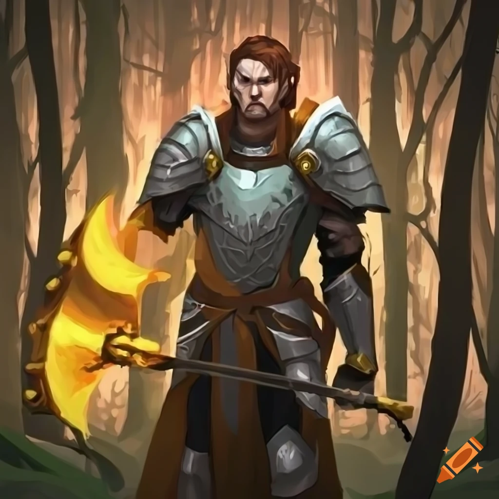 Art of a male paladin with a golden war axe in a forest on Craiyon