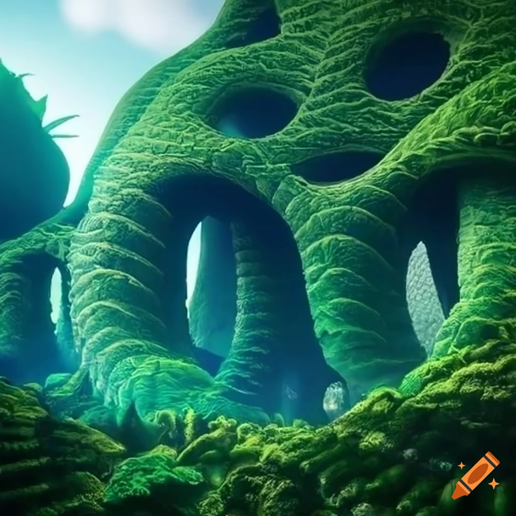 Biomorphic stone city in a forest of giant ferns on Craiyon