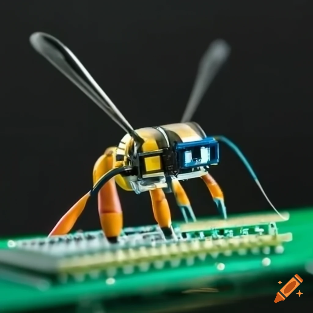 Robotic bee on a circuit board with resistors and wires on Craiyon