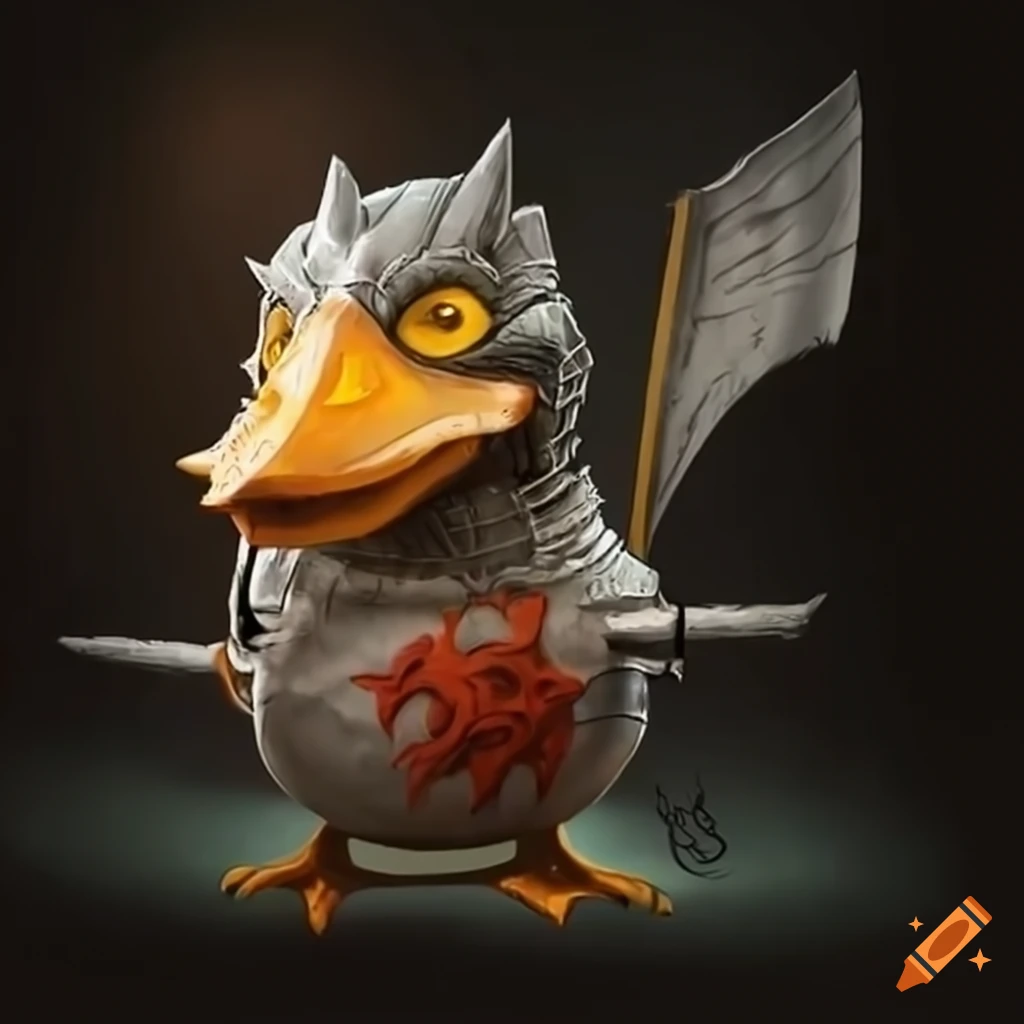 Duck-faced knight battling a marshmallow dragon on Craiyon