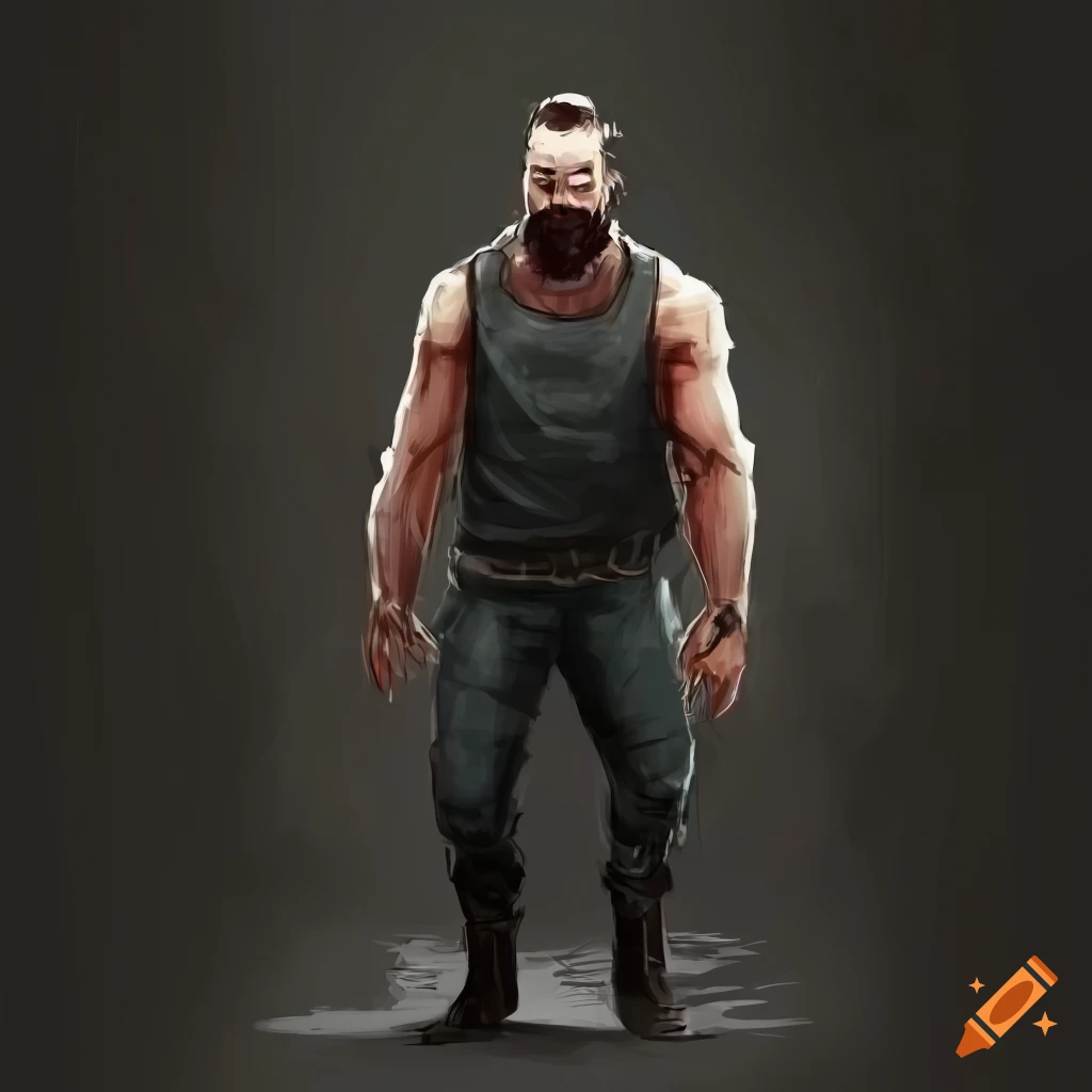 Concept art of a rugged man in leather jacket and scars