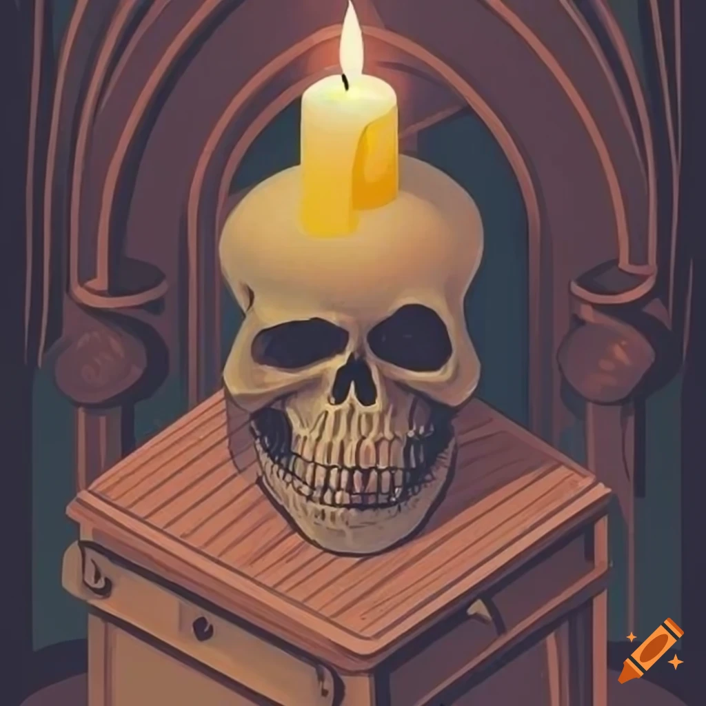 Dark fantasy art with a skull candle on a bedside table on Craiyon