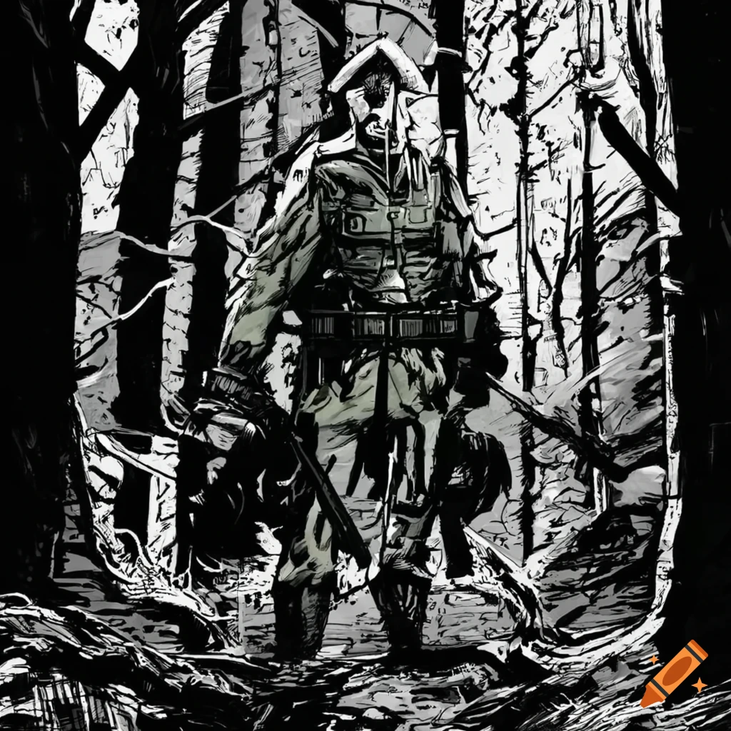 Comic book artwork of a french resistance fighter in a forest on Craiyon