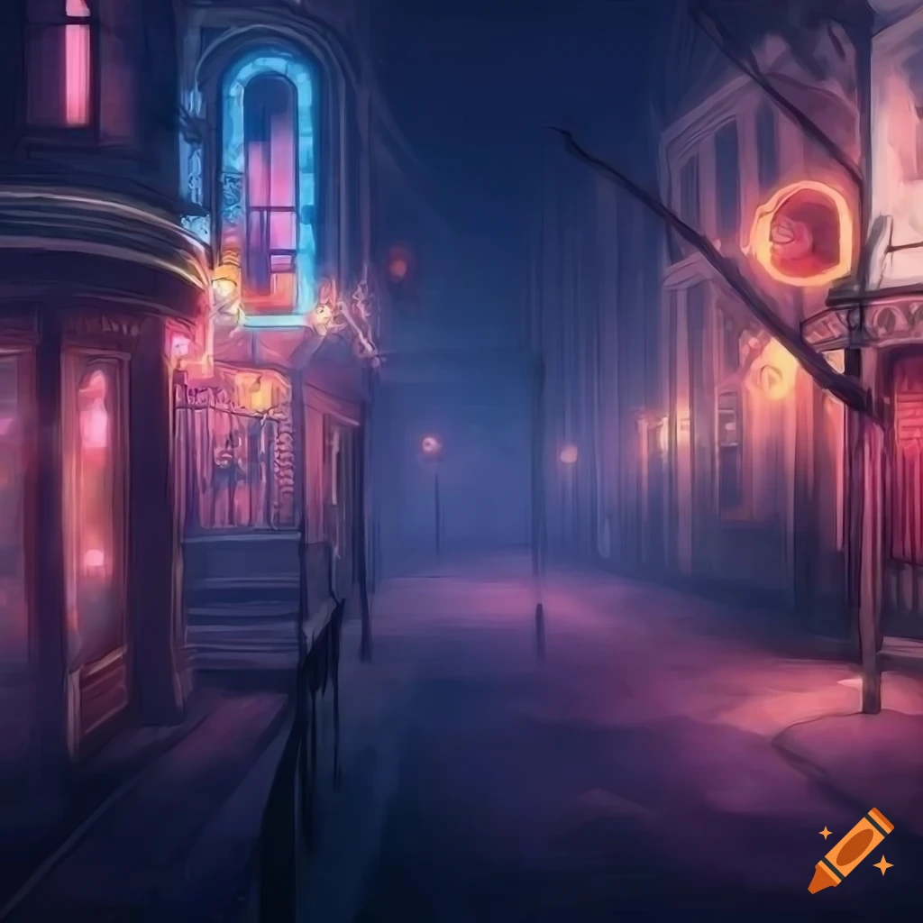 Detailed rococo artwork with neon lights in a victorian neighborhood on ...