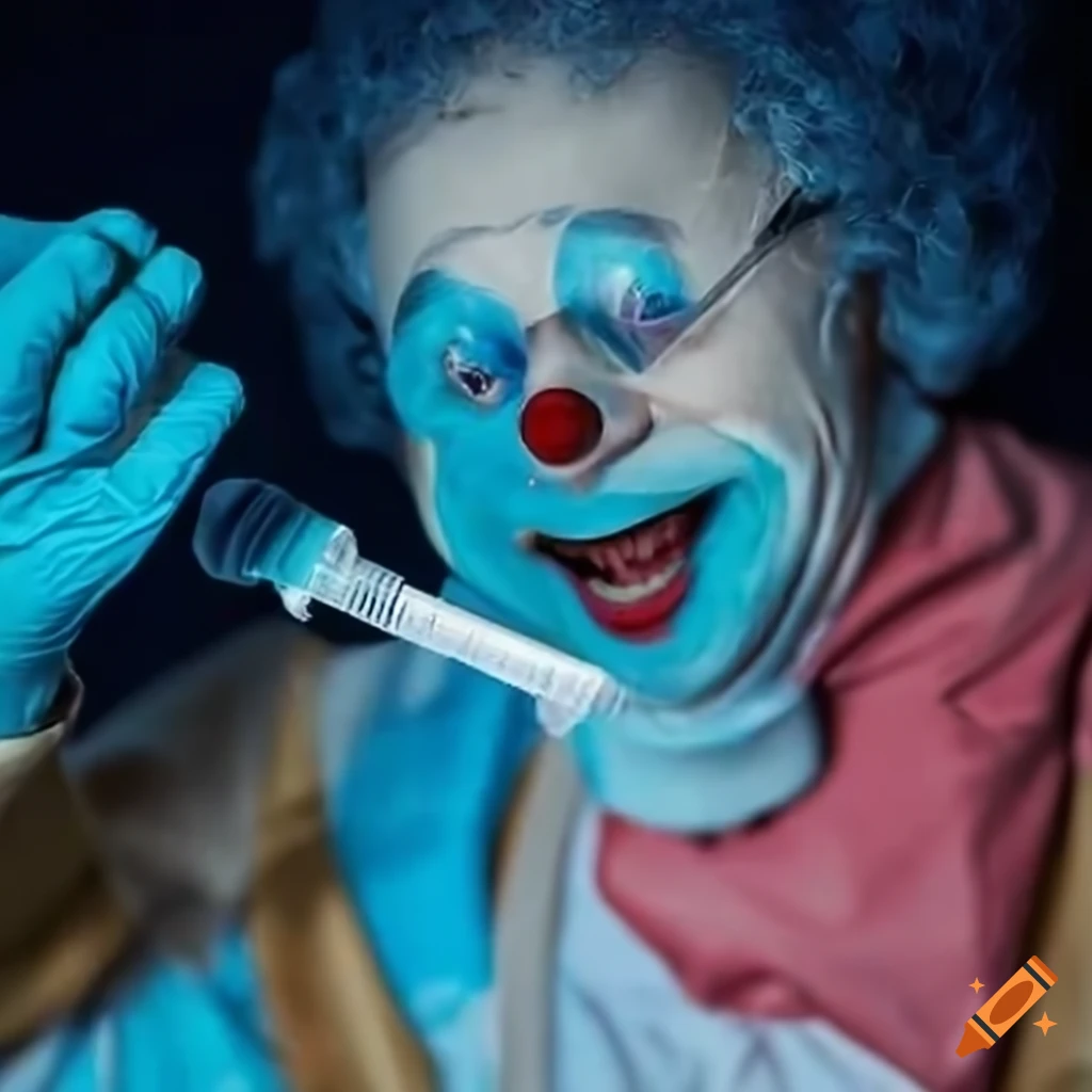 Satirical image of a clown scientist in a chemistry laboratory on Craiyon