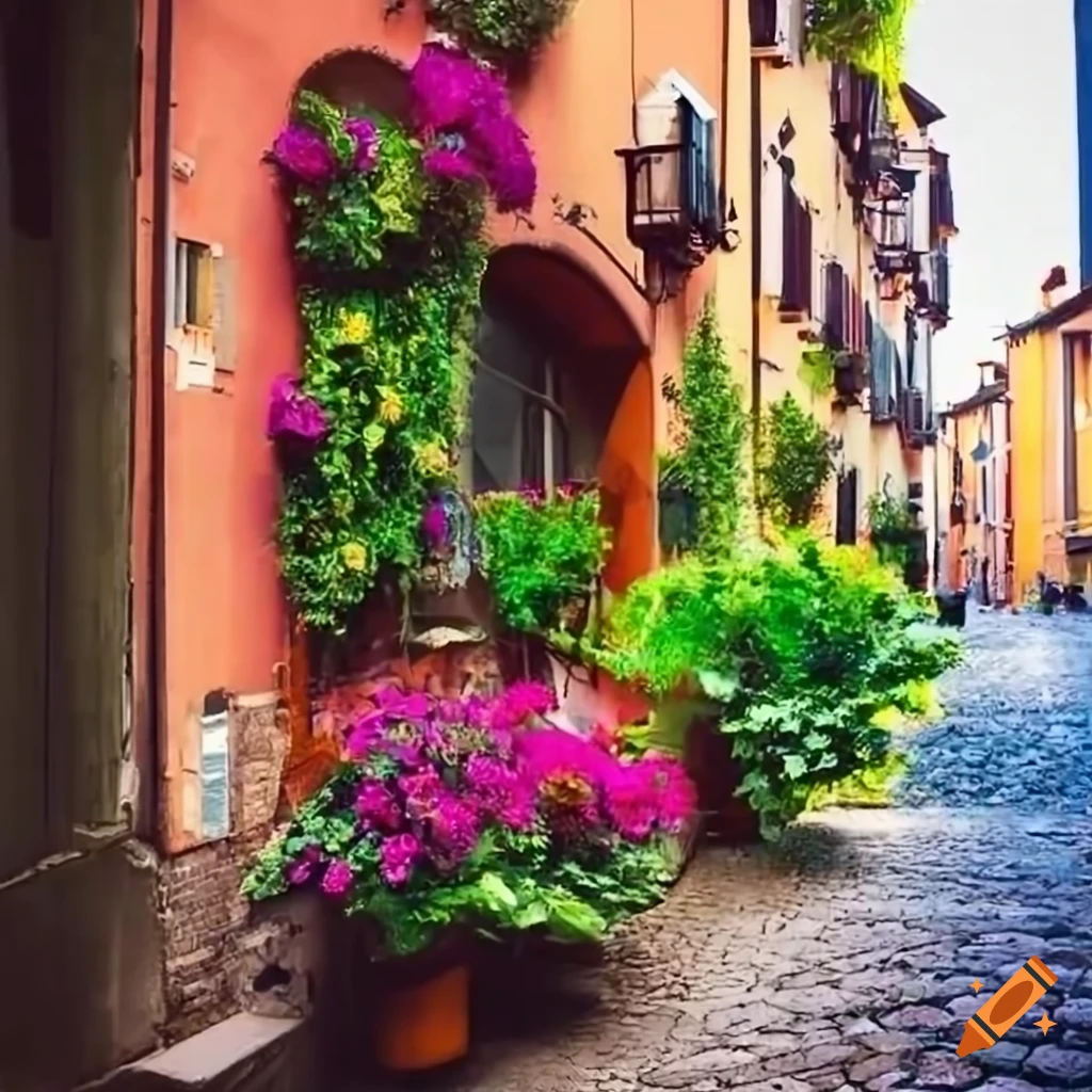 Cityscape of via mazzini verona with beautiful balconies full of plants ...
