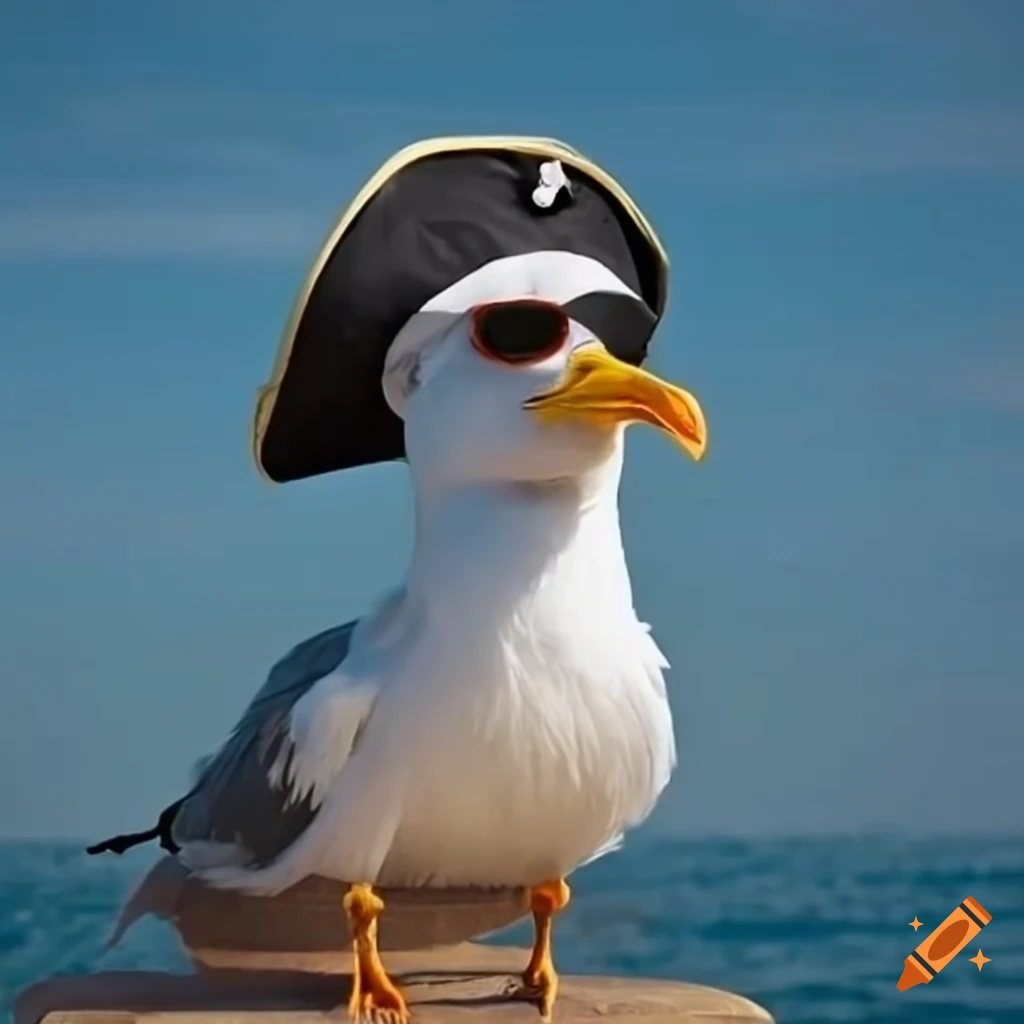Seagull pirate with sunglasses on a pirate ship on Craiyon