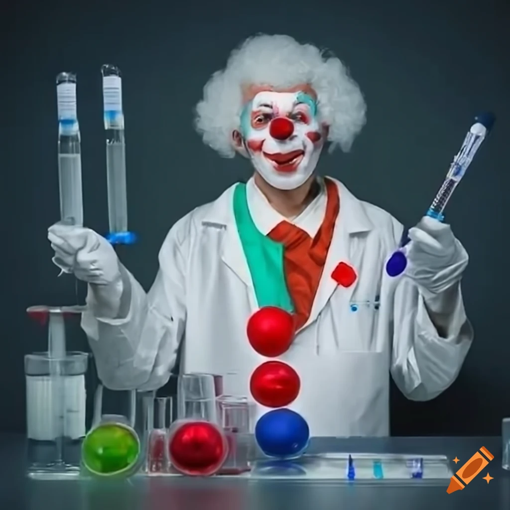 Satirical illustration of clown scientist in a chemistry lab on Craiyon