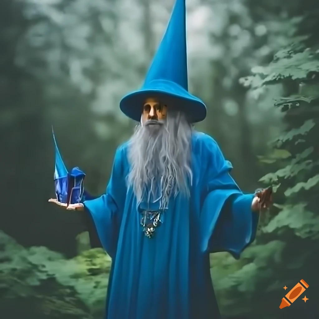 Image of a realistic wizard in front of a tower