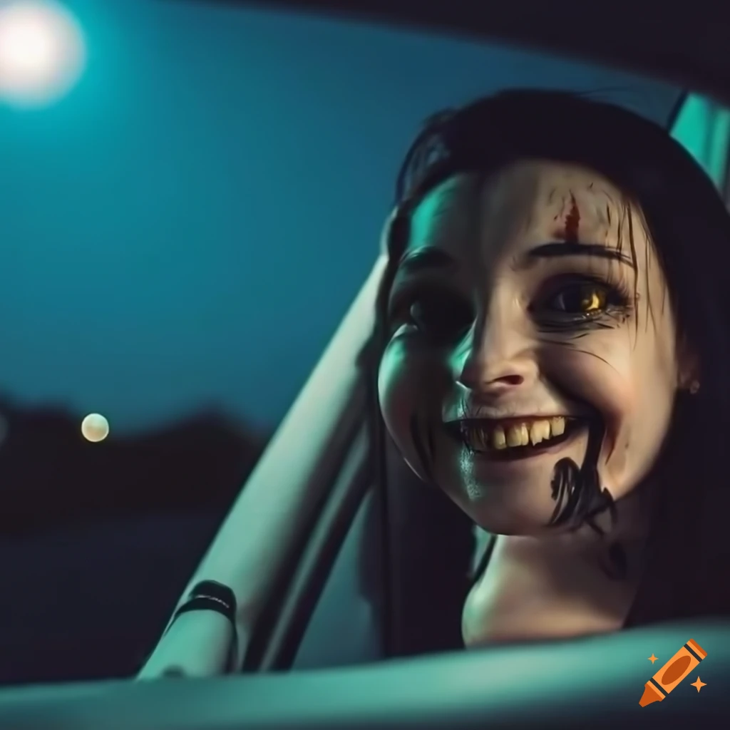 Horror girl with black hair and yellow eyes inside a car on Craiyon
