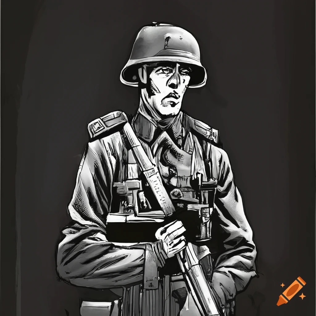 Black and white comic art of a german soldier guarding a door on Craiyon