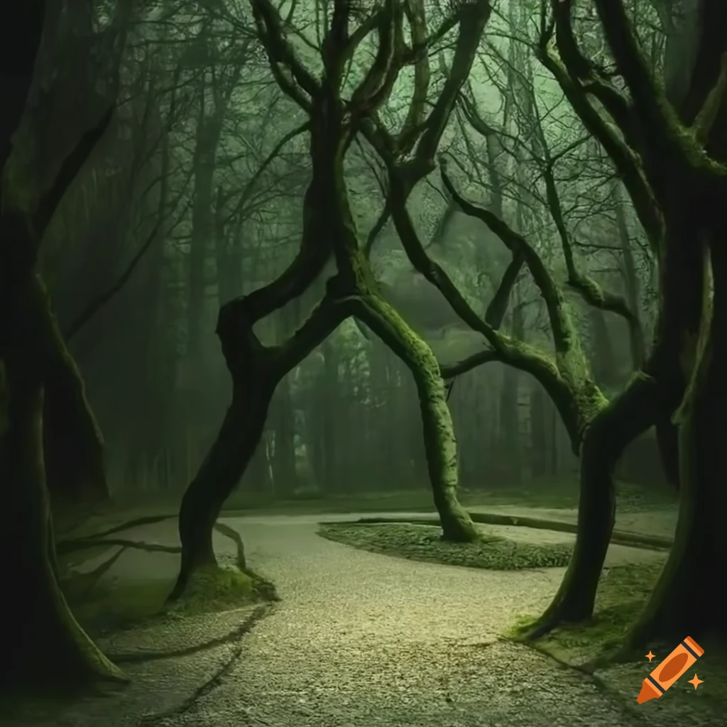 Road through shadowy forest leading to ancient temple