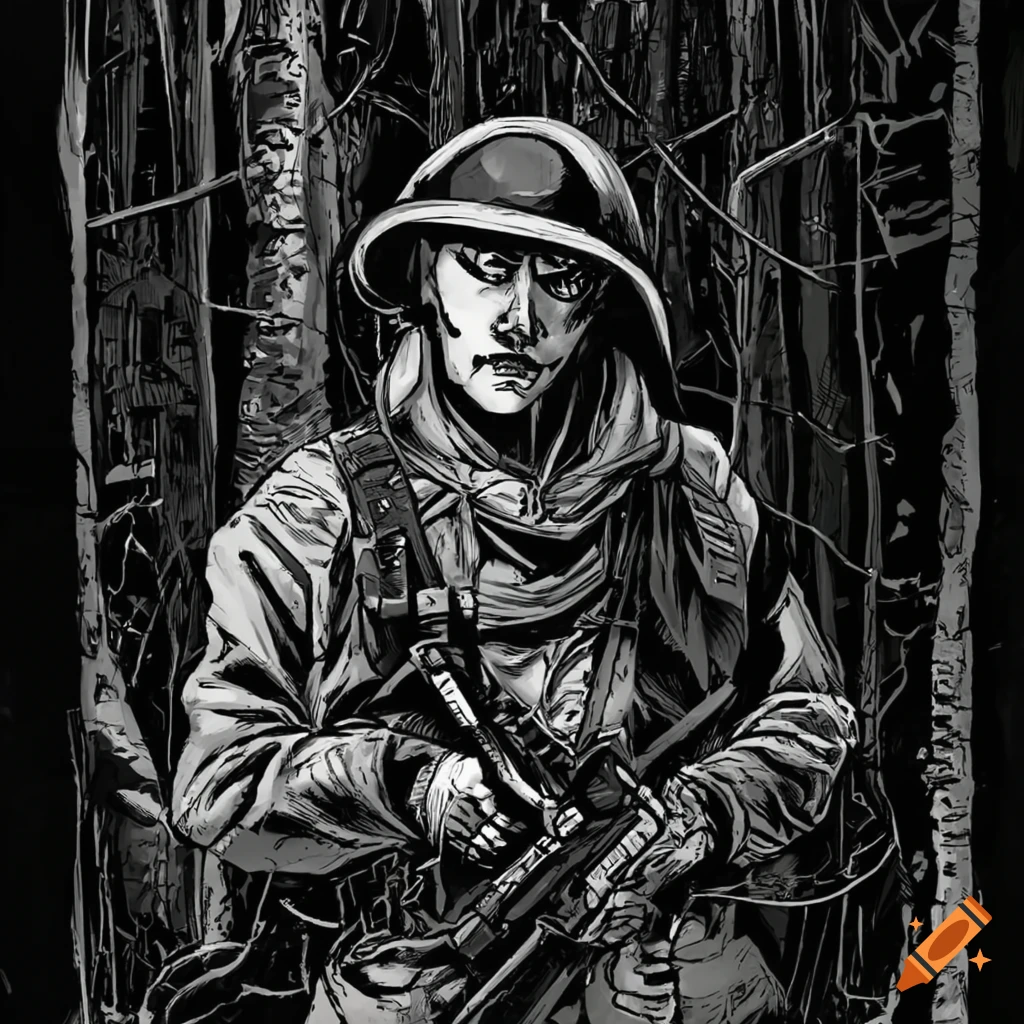 Ink comic book art of french resistance fighter in forest on Craiyon